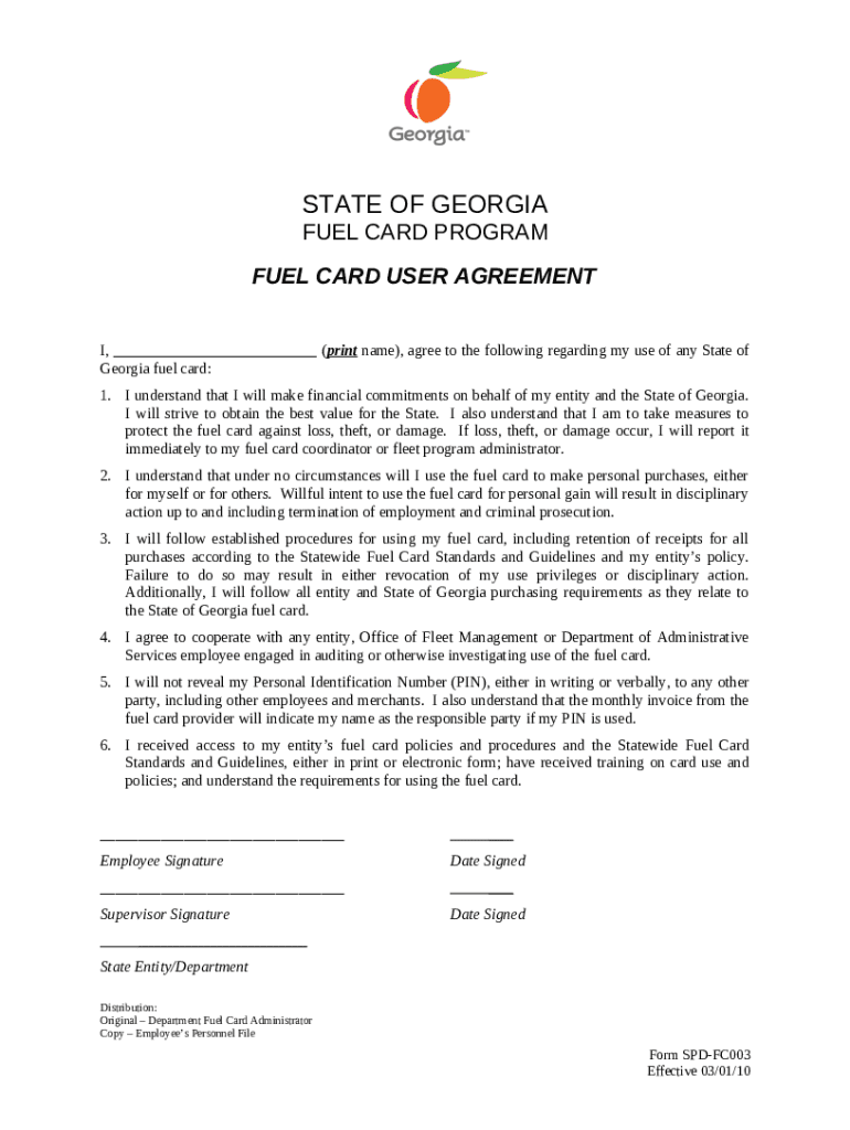 Fuel Card Agreement - doas ga Doc Template | pdfFiller