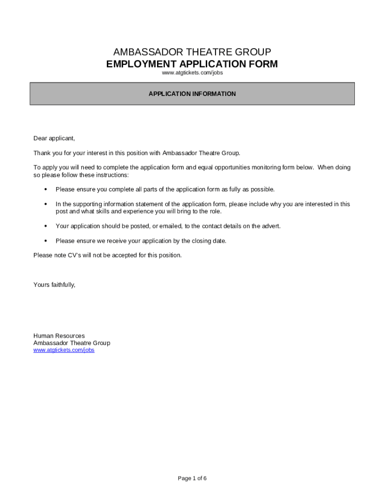 Ambassador Theatre Group Employment Application Doc Template | pdfFiller