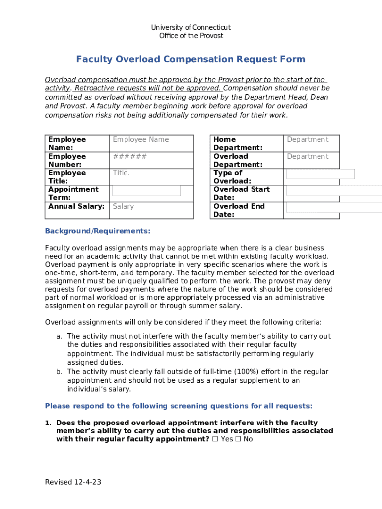 Faculty Overload Compensation Request - provost uconn Doc Template ...