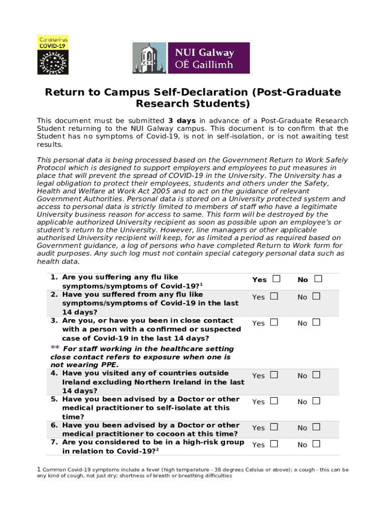 Postgraduate Research Covid 19 Declaration Doc Template | pdfFiller