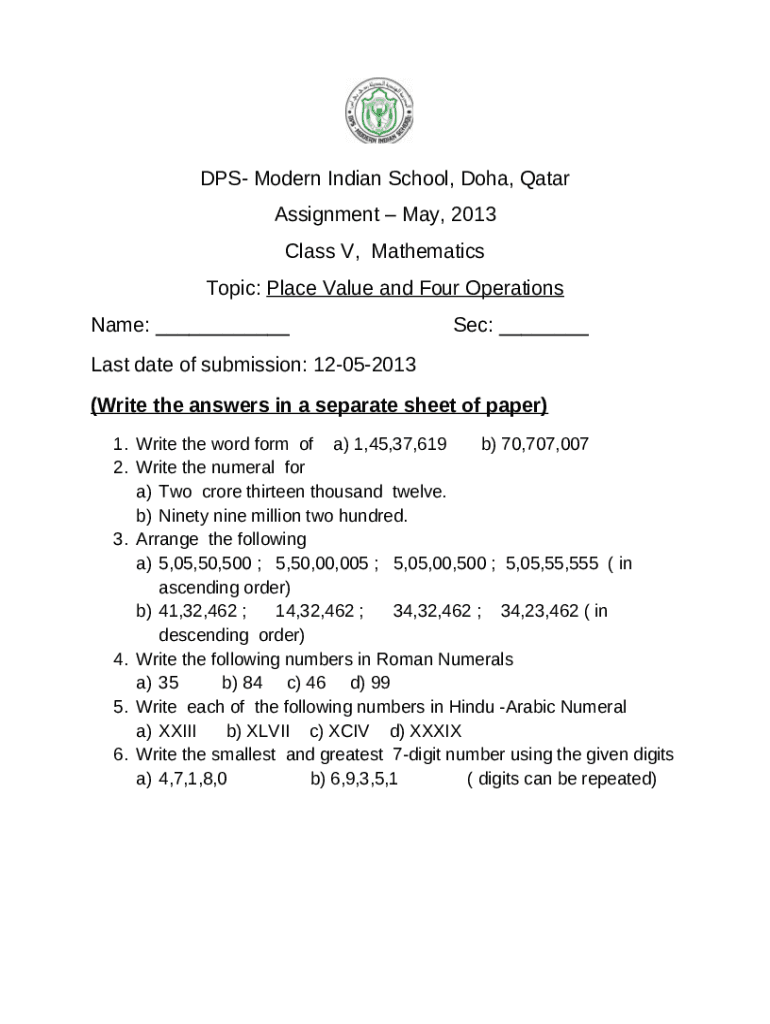 Dps-Modern Indian School, Doha - Qatar Assignment For ... Doc Template ...