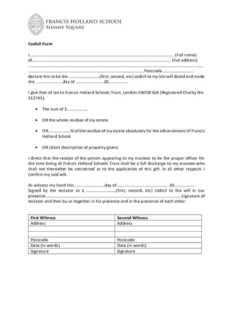 Fillable Online Codicil Form I