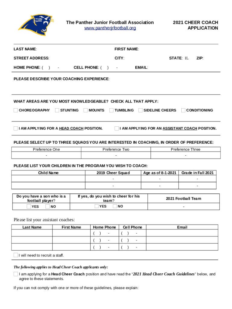 Football Coach Application - Panther Football and Cheer Doc Template ...