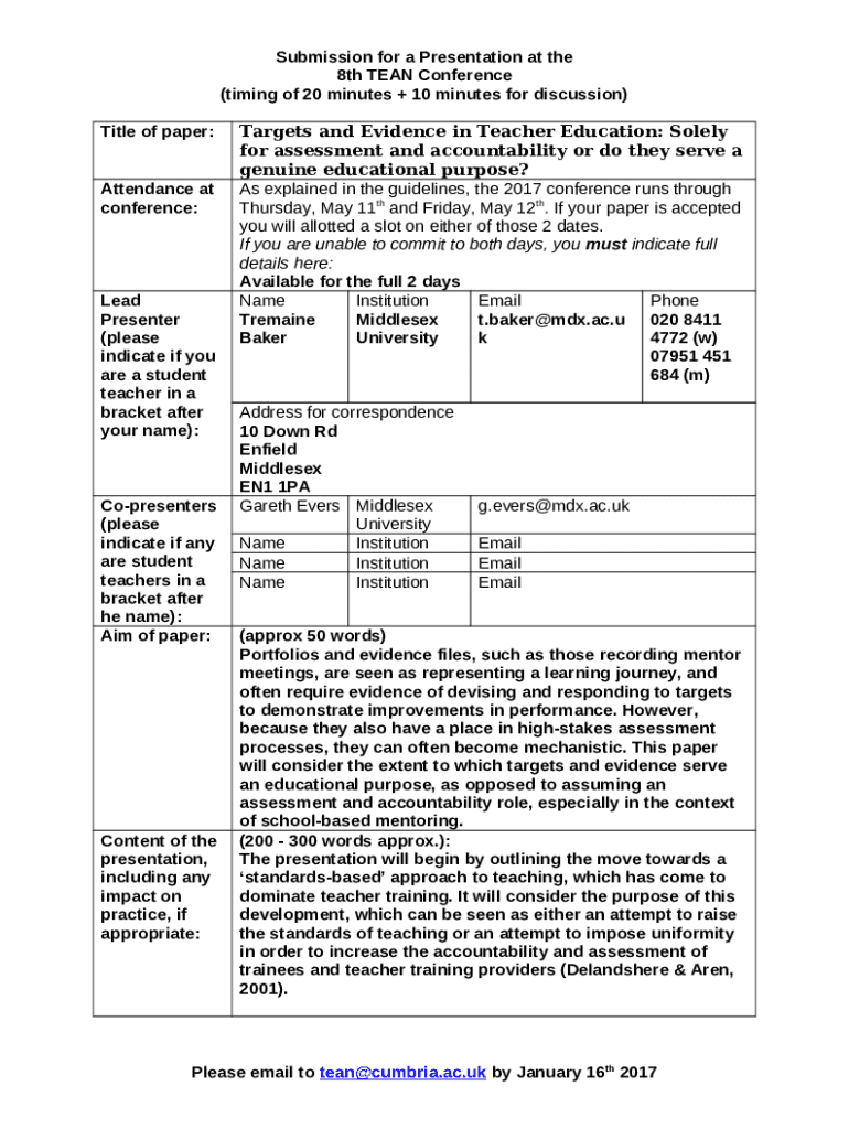 TEAN 8th Annual Conference Presentation Submission Doc Template | pdfFiller