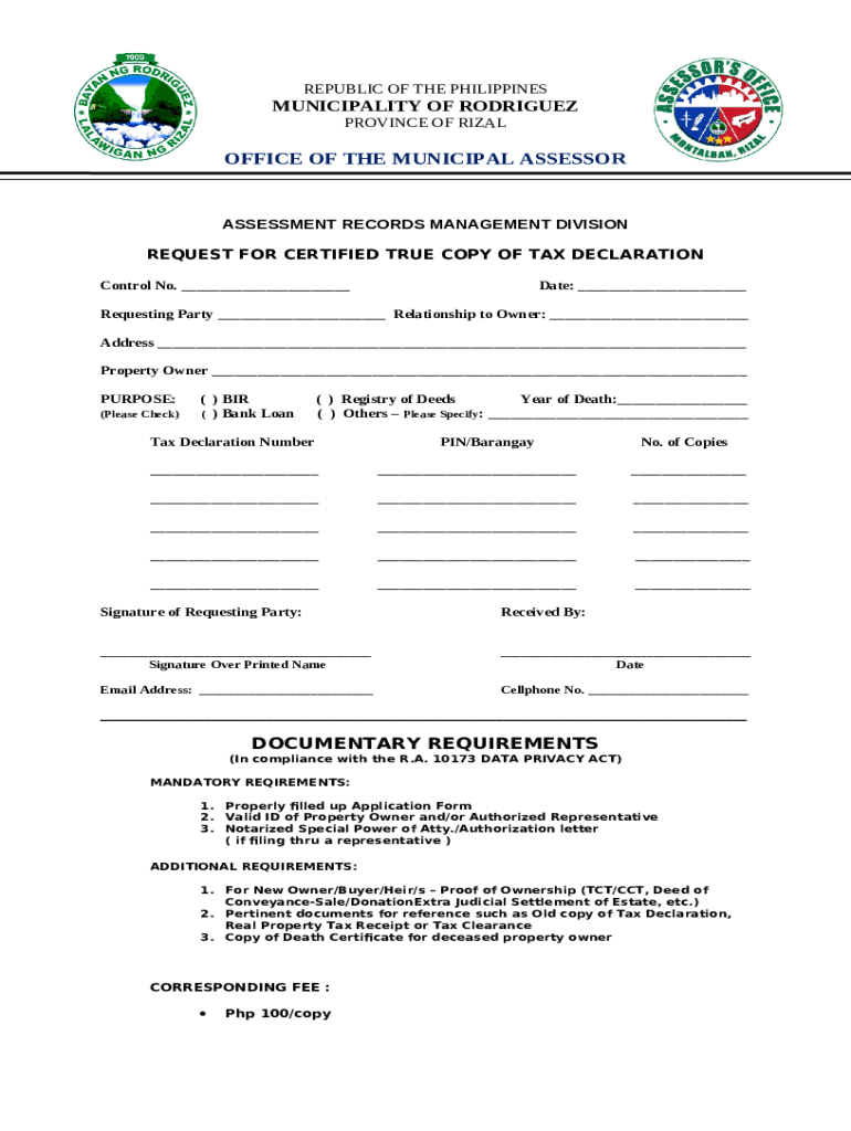 Issuance of Certified True Copy of Tax Declaration Doc Template | pdfFiller