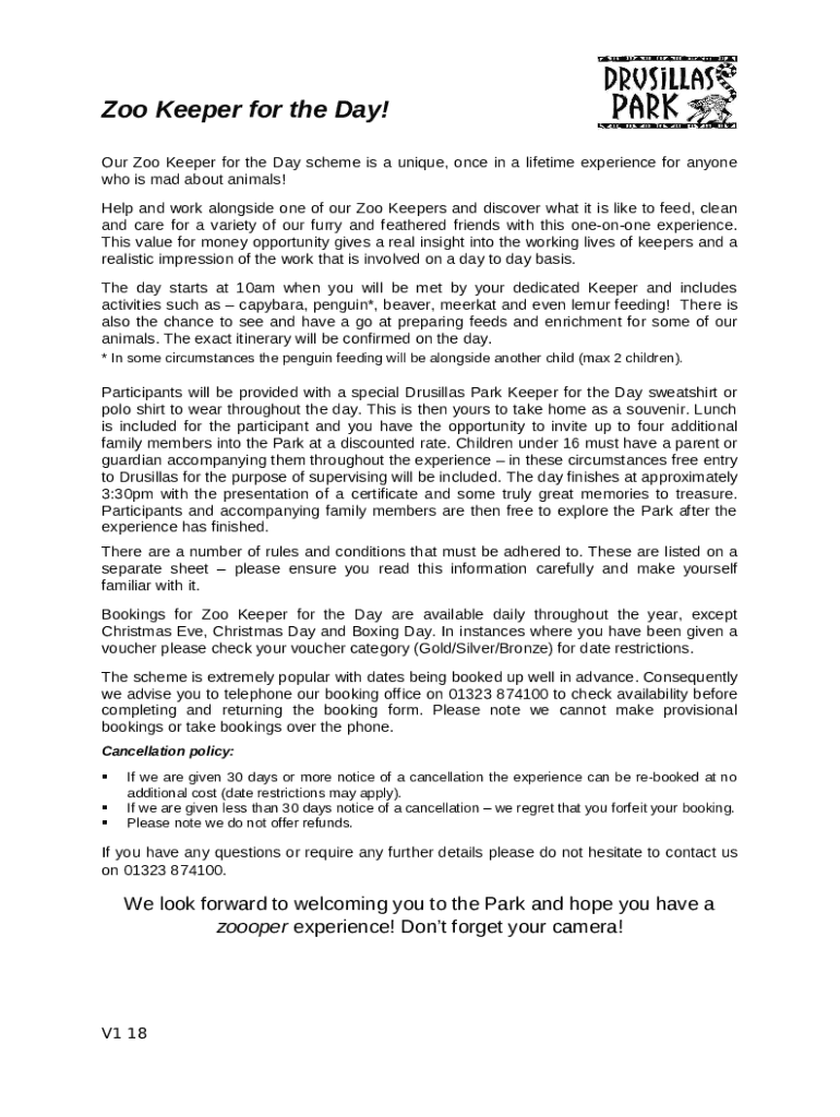 Zoo Keeper For A DayChester ZooExperience Days Doc Template | pdfFiller