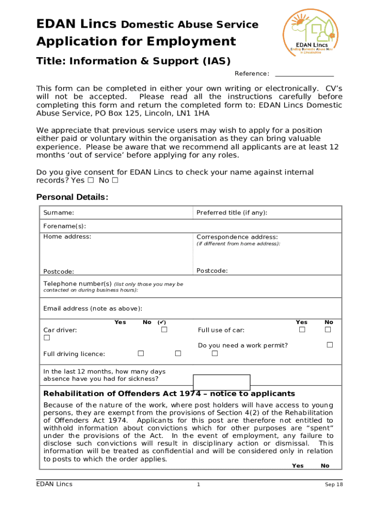 EDAN Lincs Domestic Abuse Service Application for Employment Doc ...