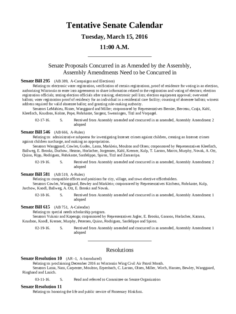 Tentative Senate Calendar Tuesday, March 15, 2016 11:00 AM - legis ...