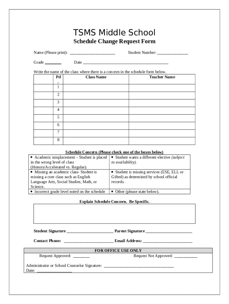 Chinook Middle School Schedule Change Request Doc Template | pdfFiller
