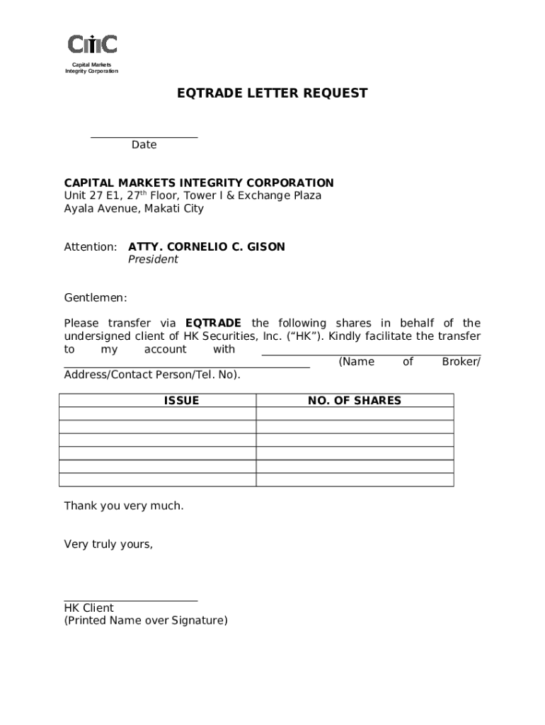 EQ Trade Letter Request - CMIC Doc Template | pdfFiller