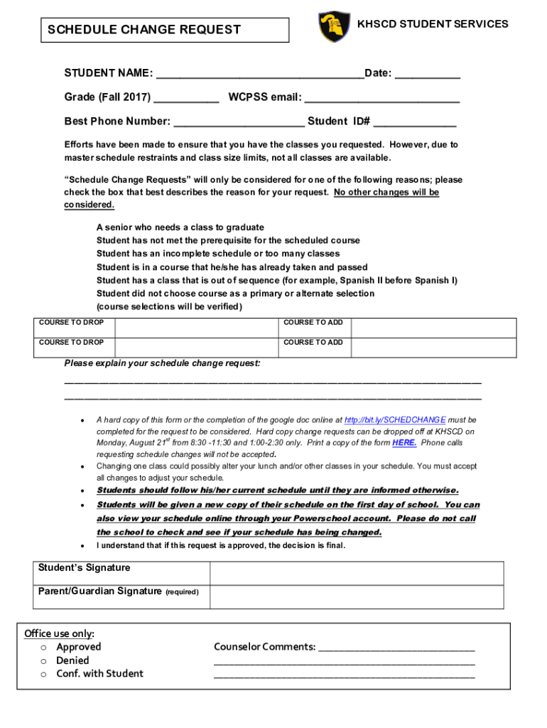 Fillable Online KHS SCHEDULE CHANGE REQUEST 201718 Form.docx Fax Email ...
