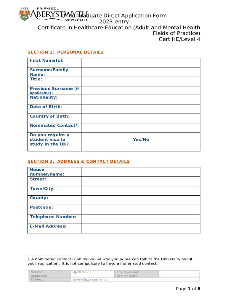 Healthcare Education Direct Entry Application Doc Template | pdfFiller