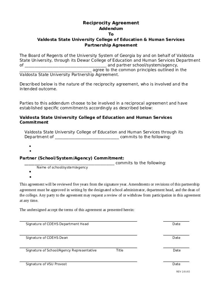 Reciprocity Agreement Addendum Doc Template | pdfFiller