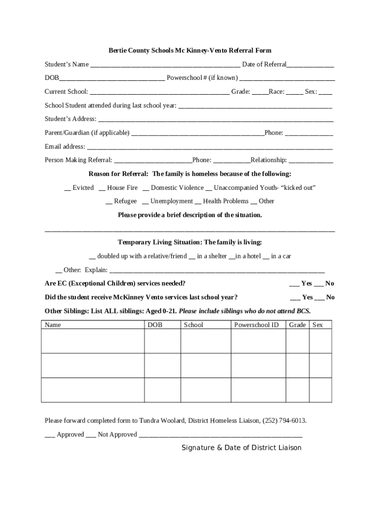 Bertie County Schools Homeless Referral Doc Template | pdfFiller