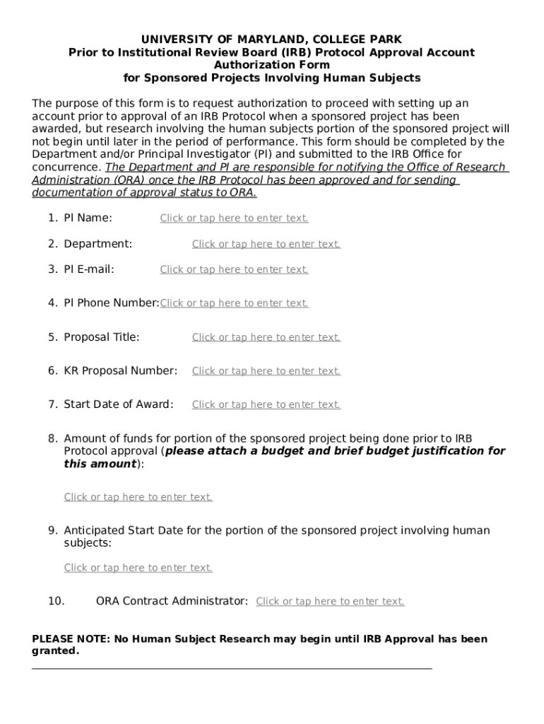 Prior to IRB Account Authorization - UMD Research - research umd Doc ...