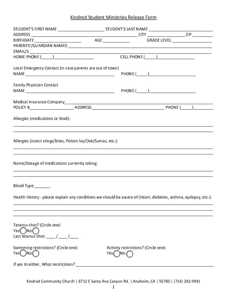 Fillable Online Kindred Student Ministries Release Form Updated.docx Fax Email Print - pdfFiller