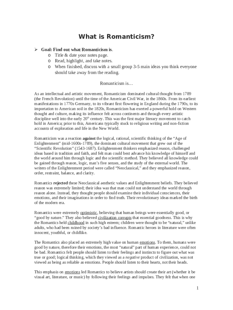 Romanticism in Literature: Definition and Examples Doc Template | pdfFiller