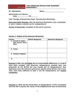 The AMerican Revolution summary worksheet Doc Template | pdfFiller