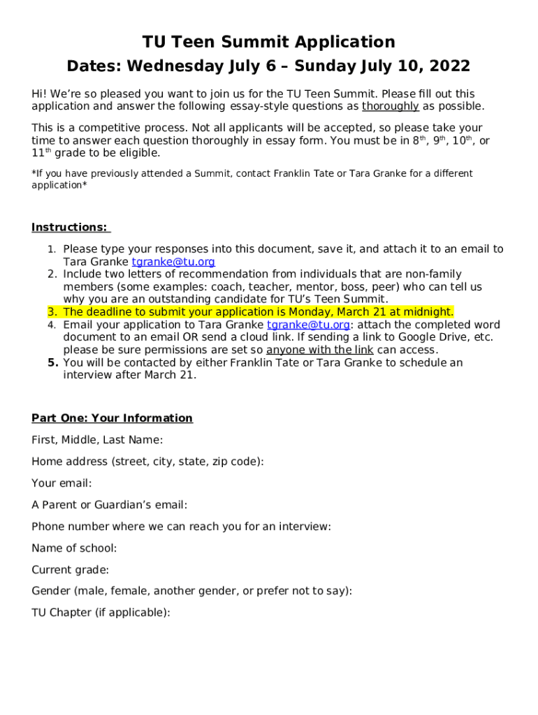 TU Teen Summit Application Dates: Wednesday July 6 Doc Template | pdfFiller