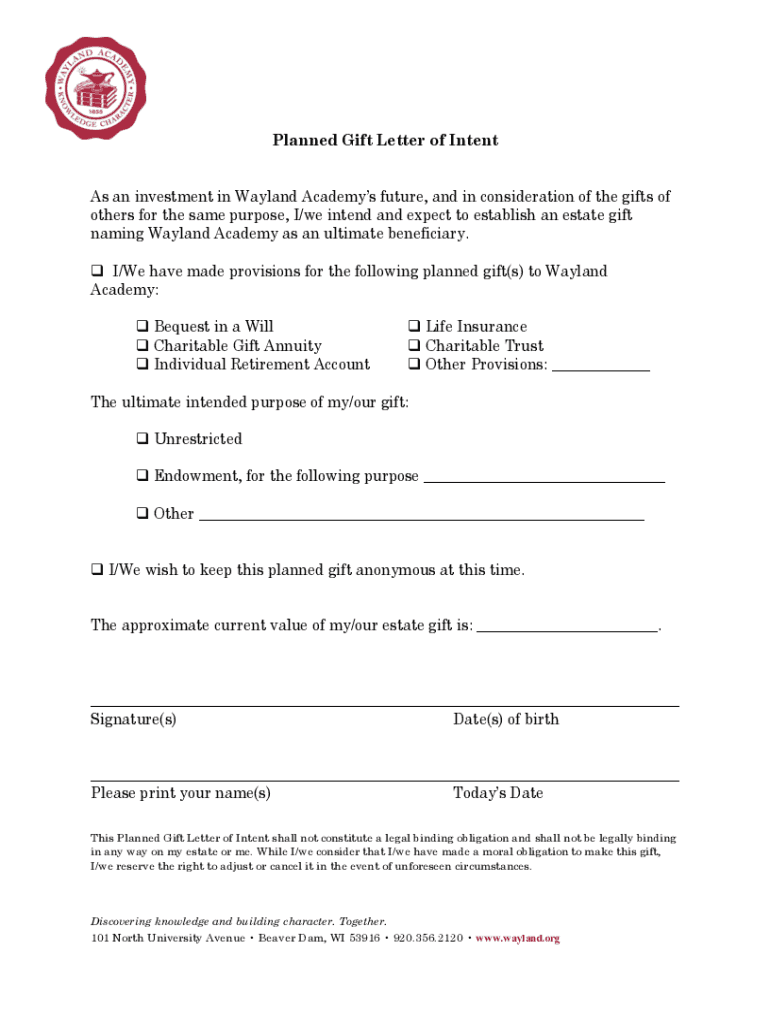 Fillable Online Planned Gift Letter of Intent As an investment in ...