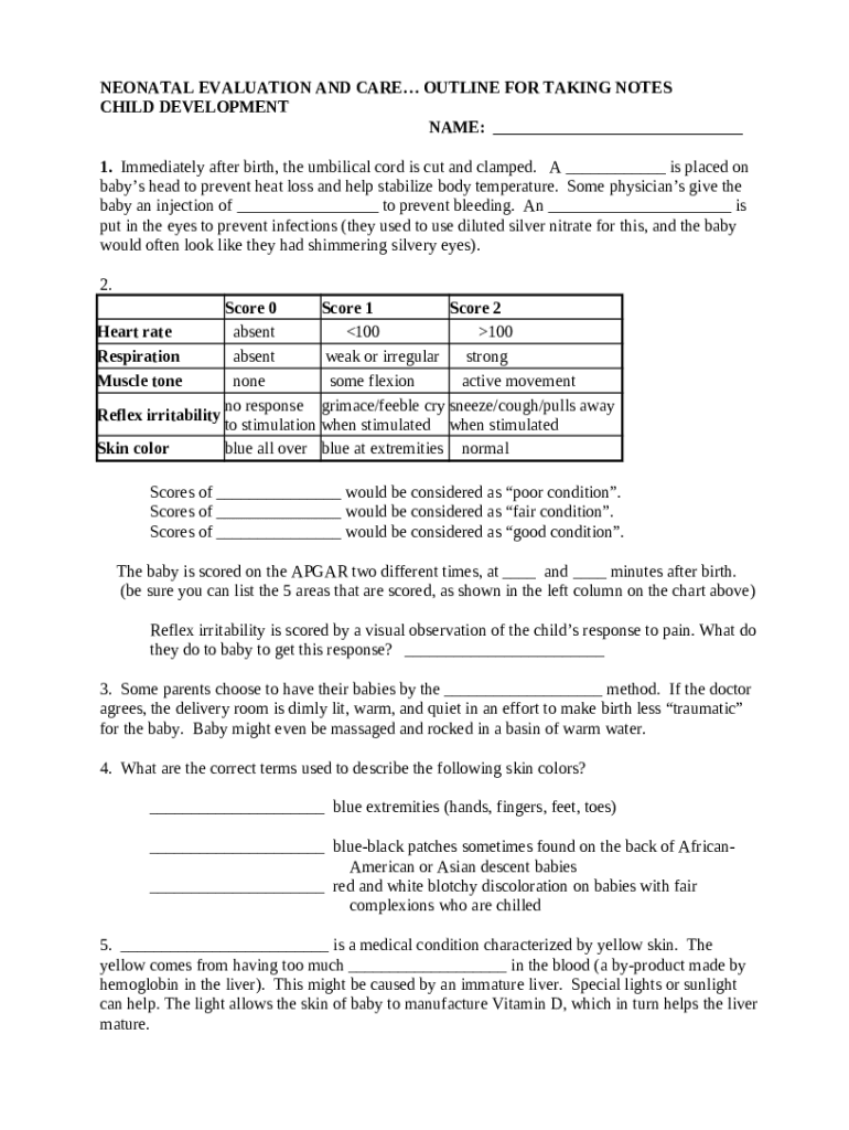 WORKSHEET ON NEONATAL EVALUATION AND CARE Doc Template | pdfFiller