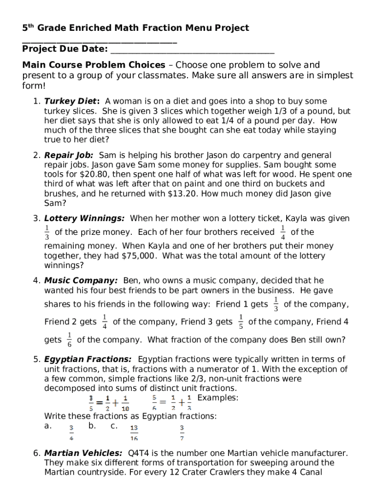 Get 5th Grade Enriched Math Fraction Menu Project Doc Template | pdfFiller