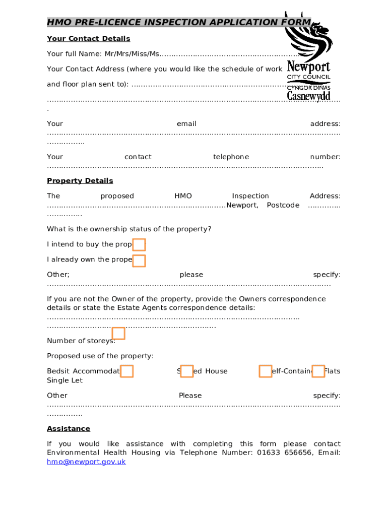 HMO Pre-licence inspection application (2) Doc Template | pdfFiller