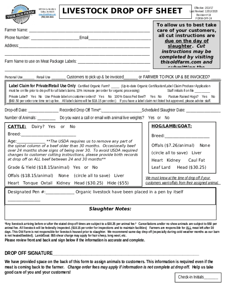 livestock drop off sheet Doc Template | pdfFiller