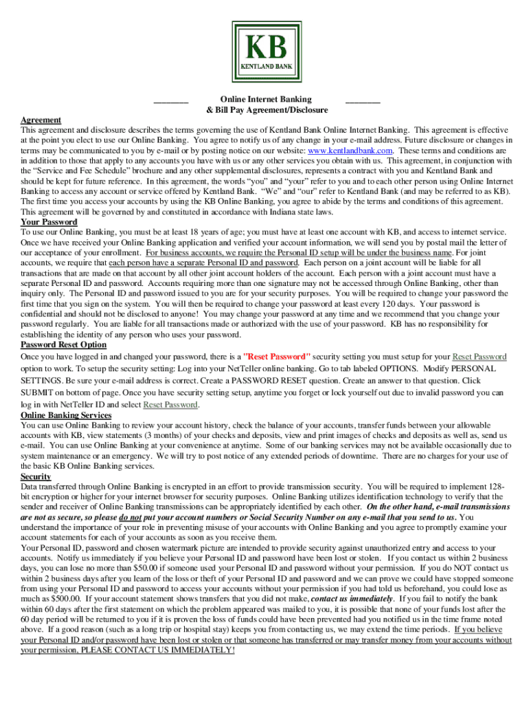 Fillable Online Online Banking Agreement & Bill Pay AGREEMENT ...