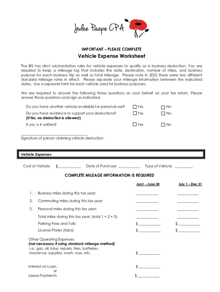 Fillable Online Vehicle Expense Worksheet - Fill Online, Printable ...
