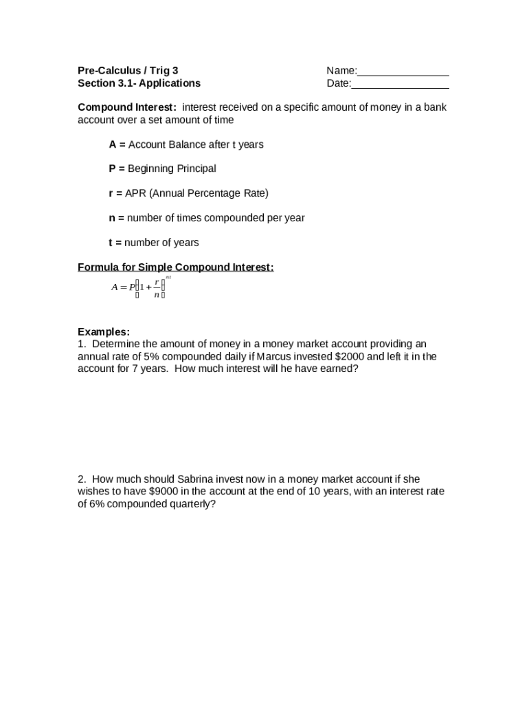 When a bank account pays compound interest, it ... Doc Template | pdfFiller