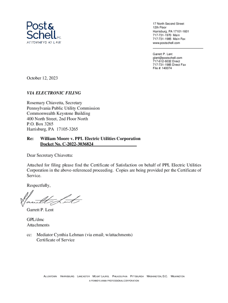 Fillable Online PPL - Moore - Certificate of Satisfaction Fax Email ...