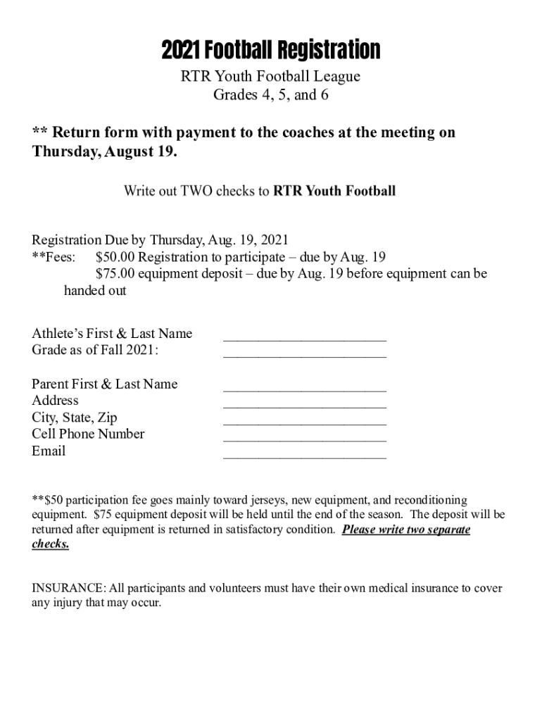 Fillable Online 2021 RTR Youth Football Registration Form Fax Email Print - pdfFiller