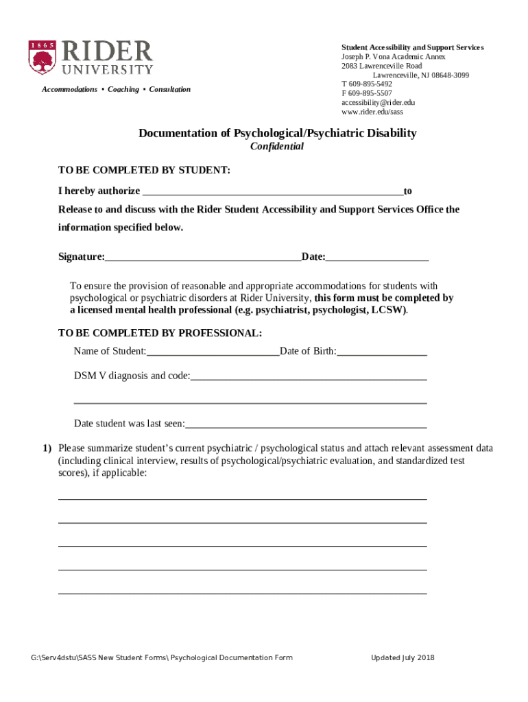 Documentation of Psychological/Psychiatric Disability Doc Template ...