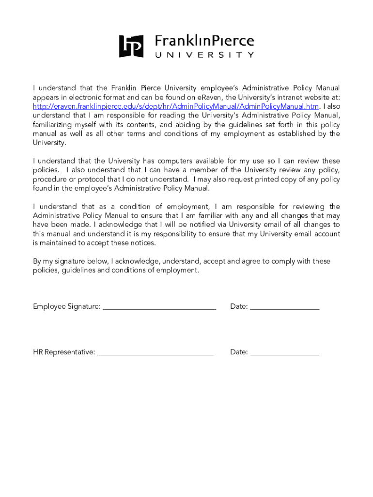 Fillable Online eraven franklinpierce 1. A company policy manual is posted and updated at the ...