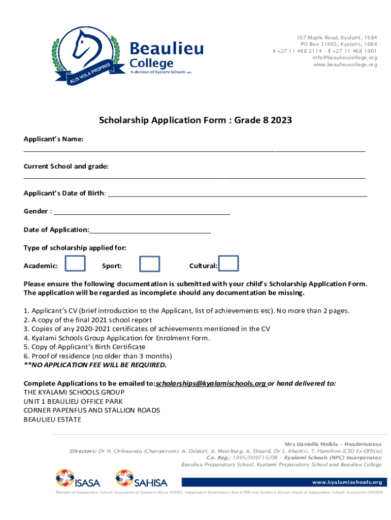 Fillable Online Scholarship Application Form : Grade 8 2023 Fax Email ...