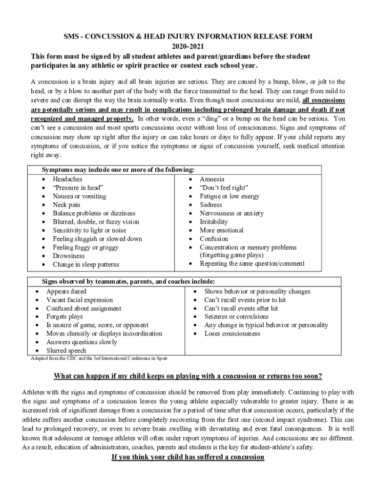 Fillable Online sms - concussion & head injury information release form ...