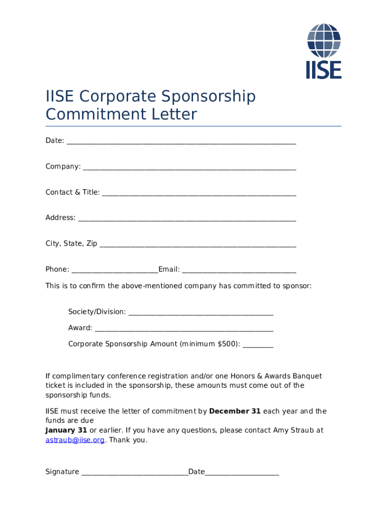 Corporate Sponsorship Letter of Commitment Doc Template | pdfFiller