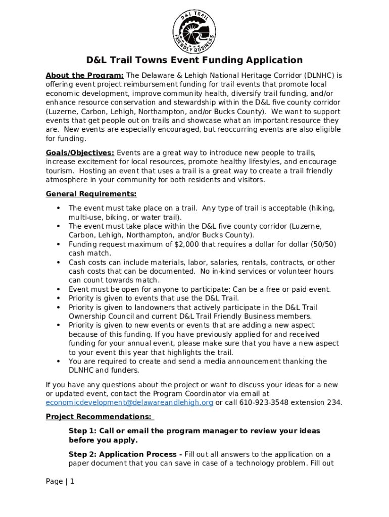 D&L Trail Towns Event Funding Application Doc Template | pdfFiller