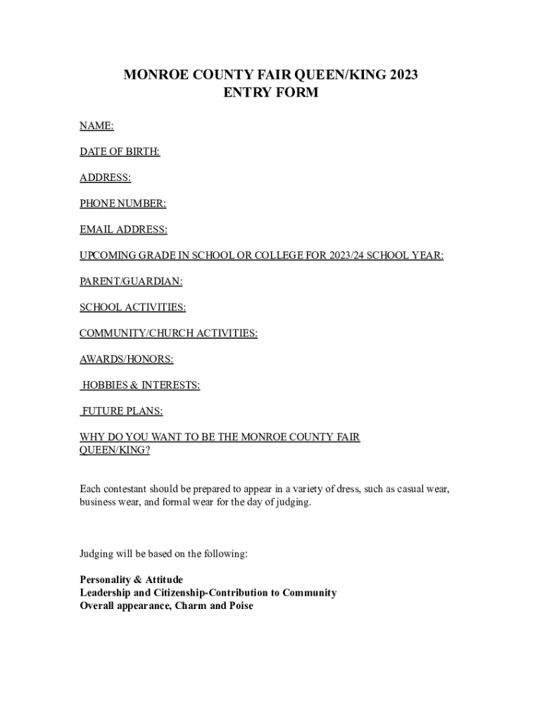 Fillable Online monroe county fair queen/king 2023 entry form Fax Email Print - pdfFiller