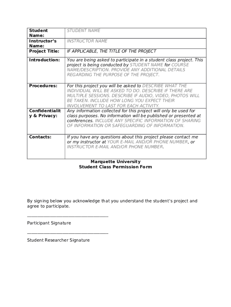 Student Class Project Ination/Permission Sheet Template ... Doc Template | pdfFiller