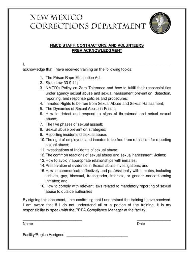 Fillable Online ACknowledgement form New mexico Corrections department ...