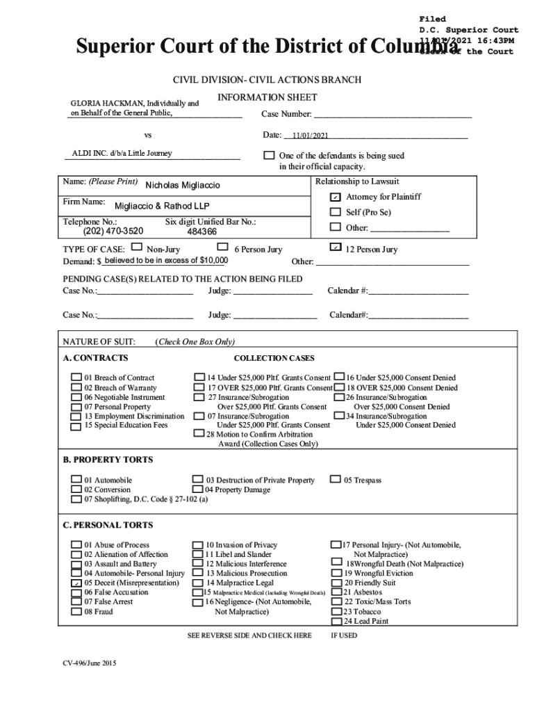 Fillable Online Information Sheet (Civil Actions)District of Columbia ...