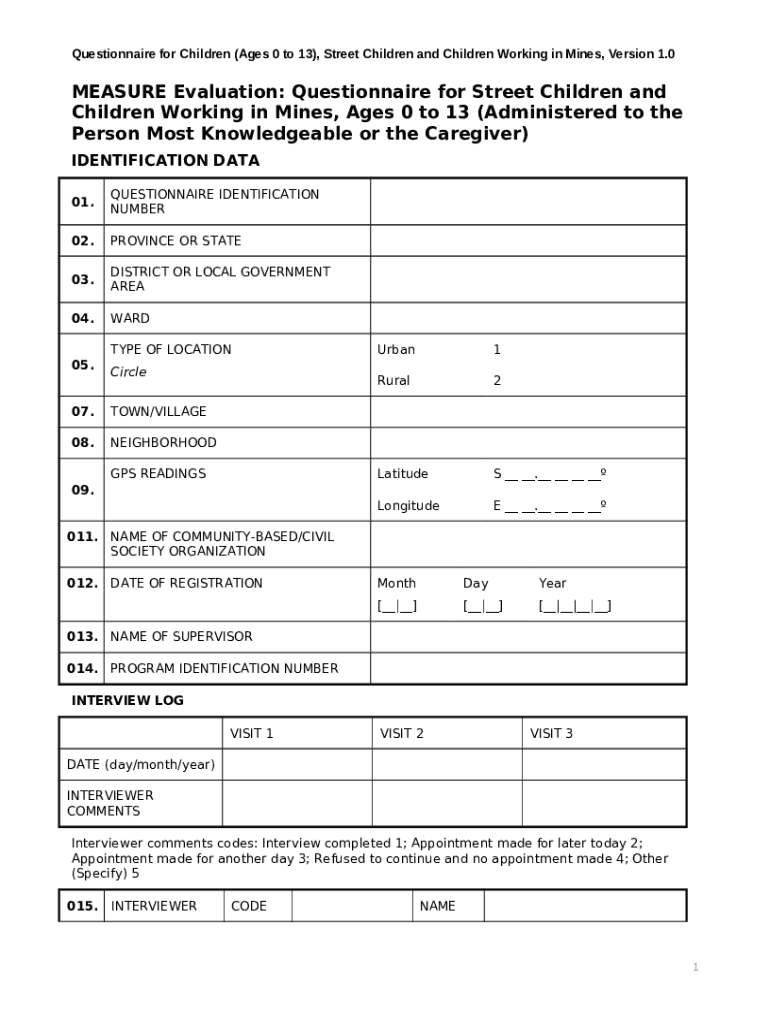 Questionnaire for Street Children and Children Working in ... Doc ...