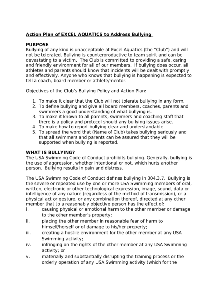 Action Plan of EXCEL AQUATICS to Address Bullying Doc Template | pdfFiller