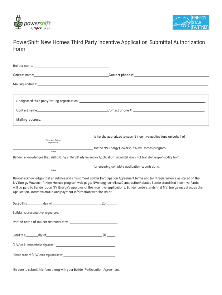 Fillable Online PowerShift New Homes Third Party Incentive Application ...
