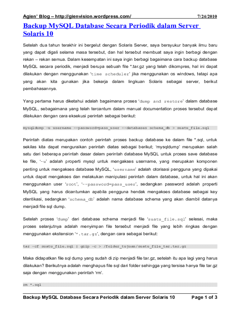 Fillable Online Backup Mysql Database Secara Periodik Dalam Server