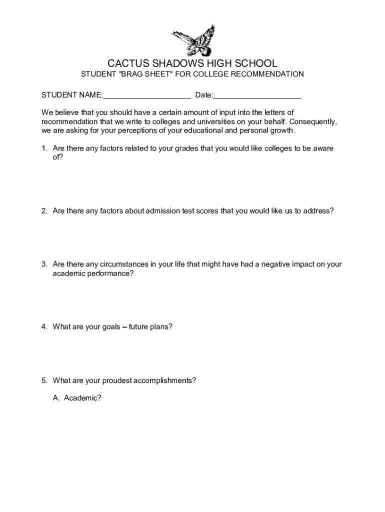 Fillable Online CSHS Student Brag Sheet.pdf Fax Email Print - pdfFiller
