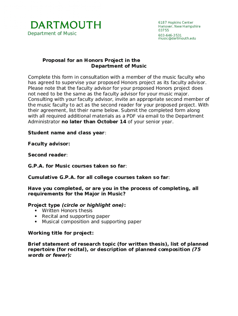 Honors Project Proposal - Department of Music - Dartmouth Doc Template ...