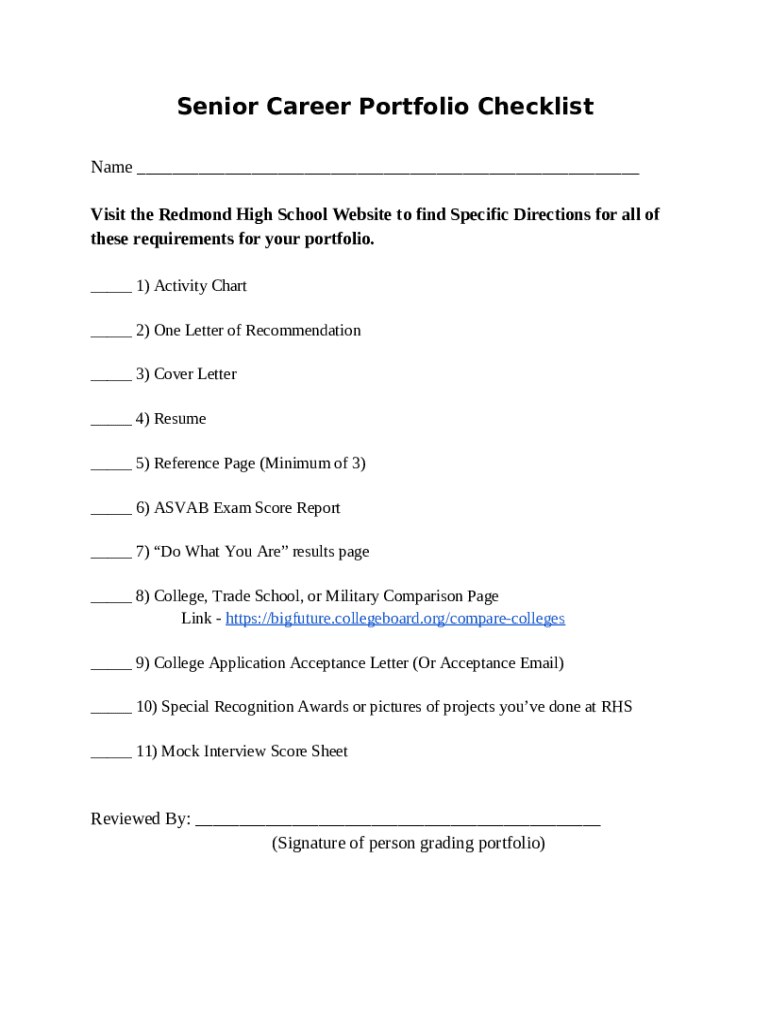 Senior Career Portfolio Checklist - Redmond High School - rhs redmond ...